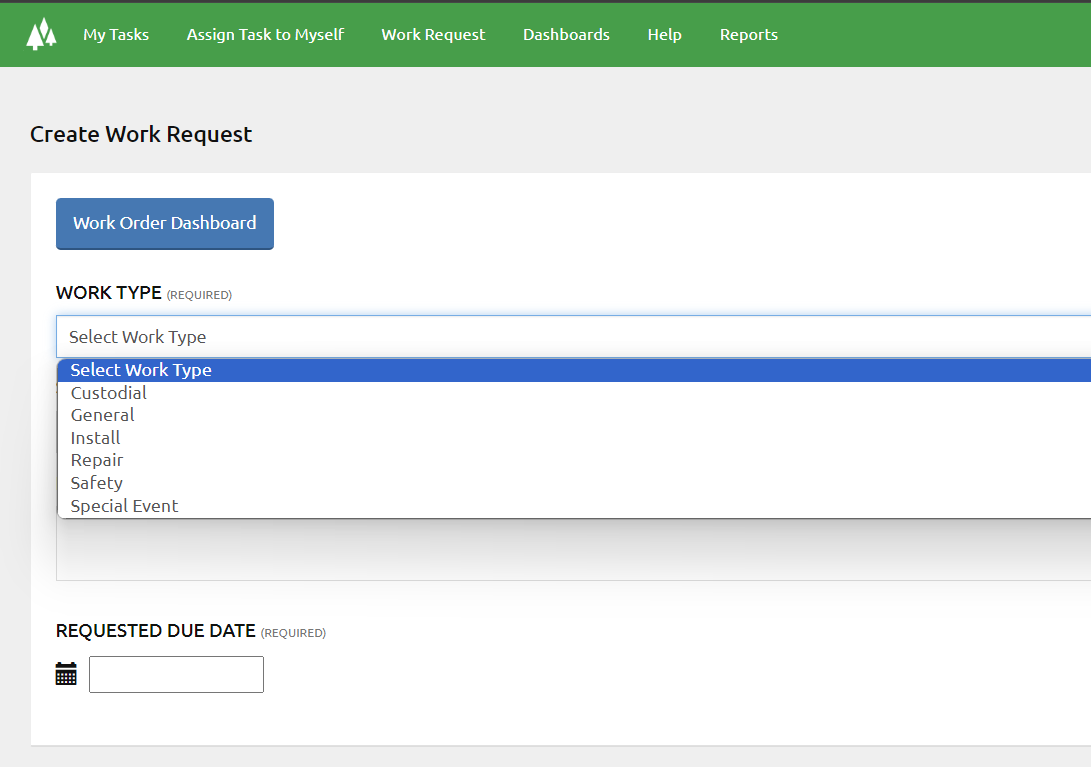 Editing the Work Type Menu (for Work Requests)